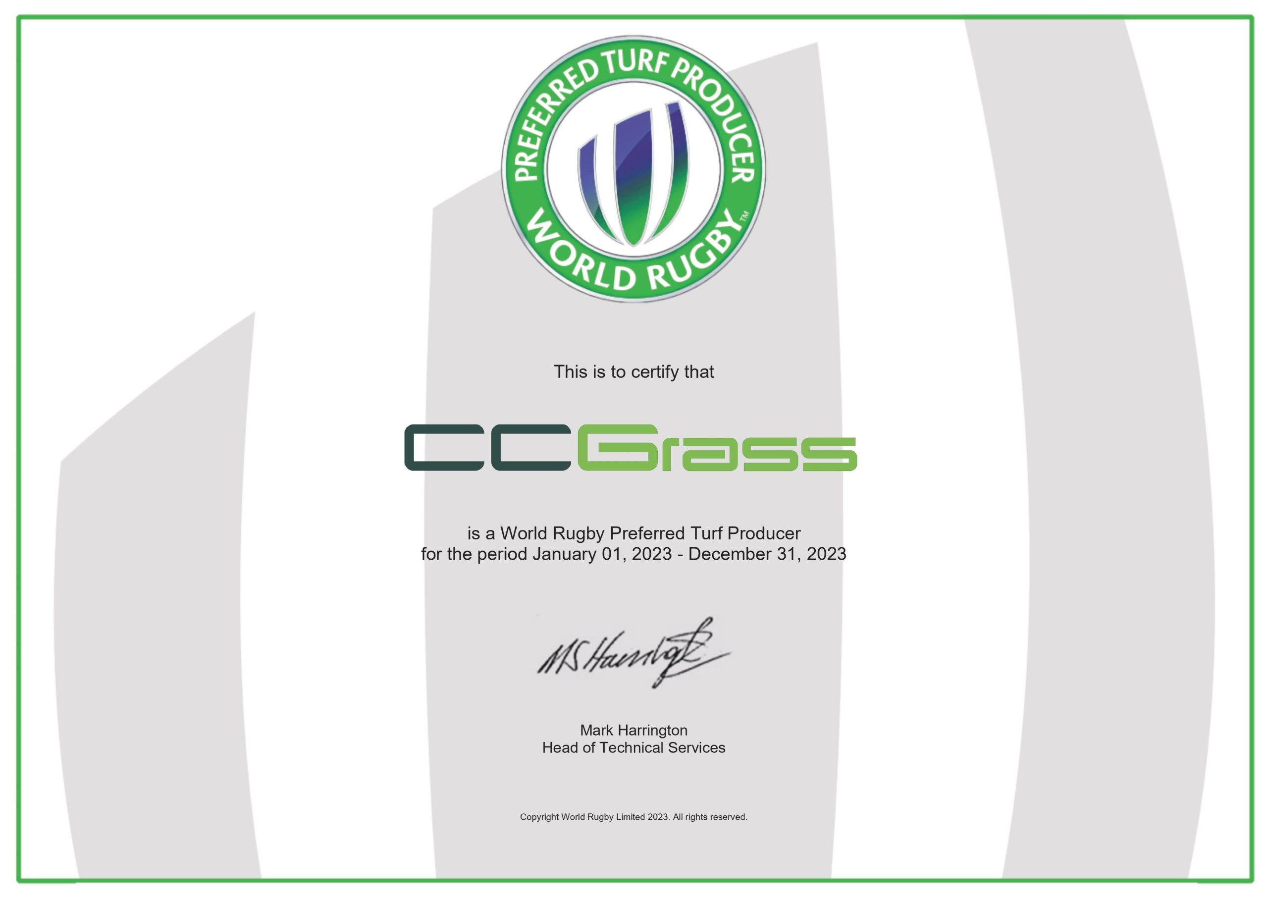 CCGrass, World Rugby PTP Certificate - CCGrass
